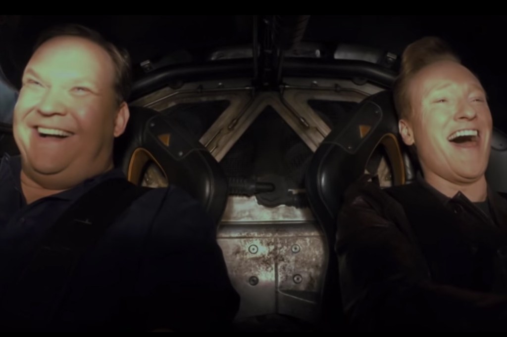 Conan O'Brien and Andy Richter take the Batmobile for a spin, only blow ...