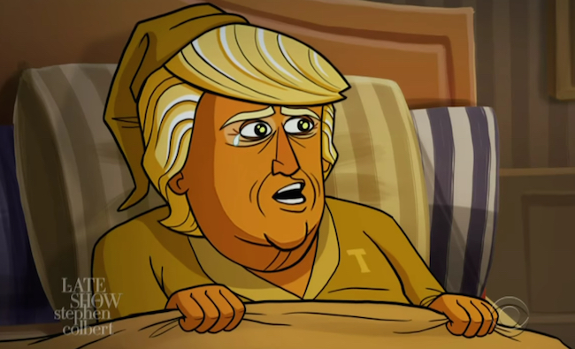A Crying Cartoon Trump Needs Steve Bannon's Reassurance On 'Colbert'