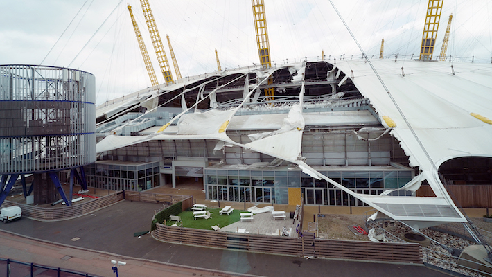 O2 Arena's Roof Partly Blown Off By Storm Eunice In London