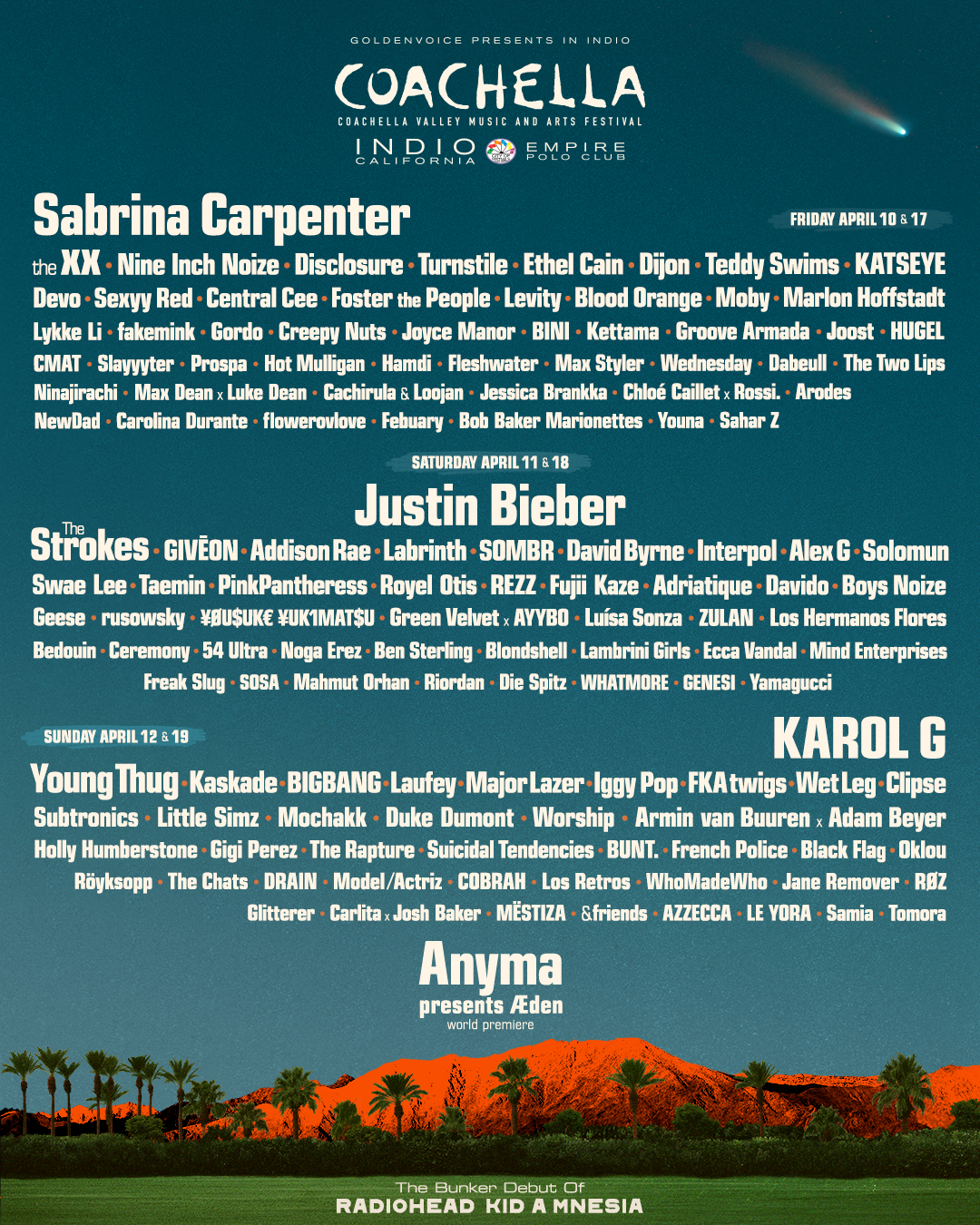Coachella 2026 Lineup: Sabrina Carpenter, Justin Bieber